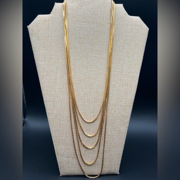 Jewelry | Vintage Gold Tone Waterfall Chain Necklace Multi Strand ...